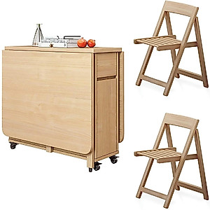 Shykey Extendable Dining Table Set, Wooden Drop Leaf Table with 4 Dining Chairs, Folding Dining Table for Kitchen Restaurant Dining Room Living Room-140cm