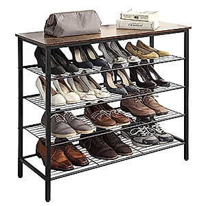 HQXING 5-Tier Shoe Rack Organizer, Metal Mesh Shoe Storage Shelf, for Entryway, Hallway, Closet, Dorm Room, Industrial, Rustic Brown
