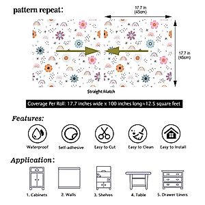 CHIHUT Boho Rainbow Peel and Stick Wallpaper - Watercolor Cute Flowers Stars Contact Paper for Kids - Self Adhesive Removable Wall Decals for Girls Bedroom Cabinets Walls 17.7"x100"