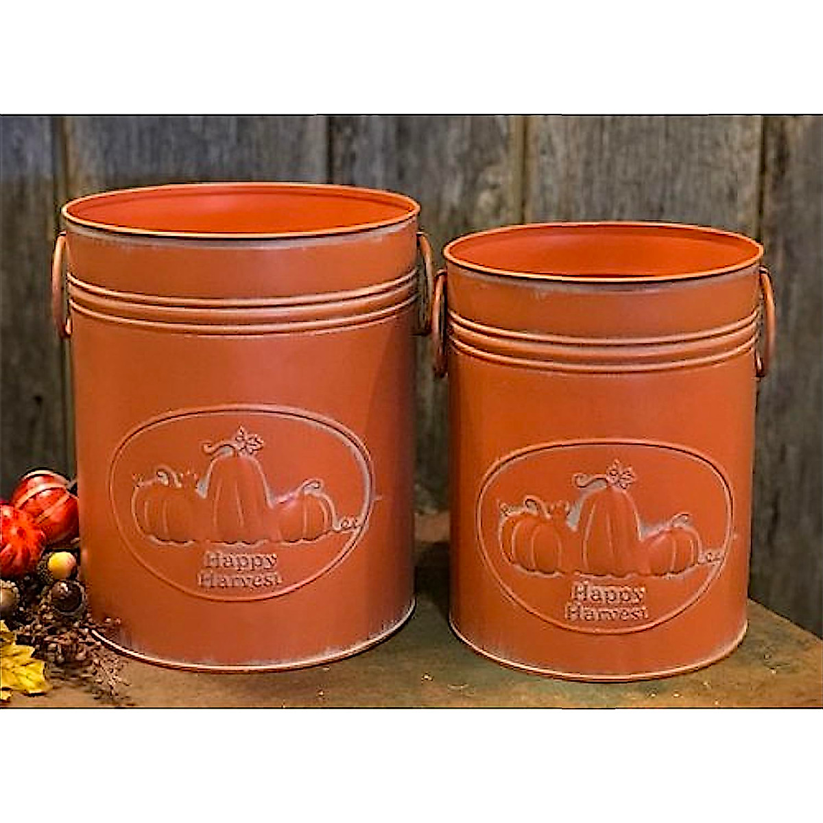 DNS Happy Harvest Buckets Large Metal Galvanized Burnt Orange Pumpkin Theme Containers Thanksgiving Fall Decorative Organizer (Set of 2) 9.2" & 8.8"