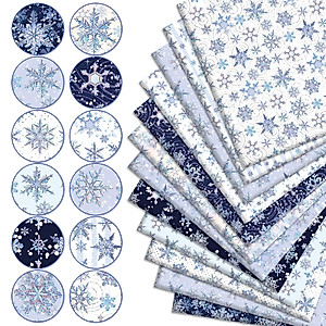 Whaline 12Pcs Winter Cotton Fabric Bundles Blue Purple Snowflake Fat Quarter Xmas Winter Quilting Patchwork for DIY Handmade Sewing Crafting, 18 x 22 Inch