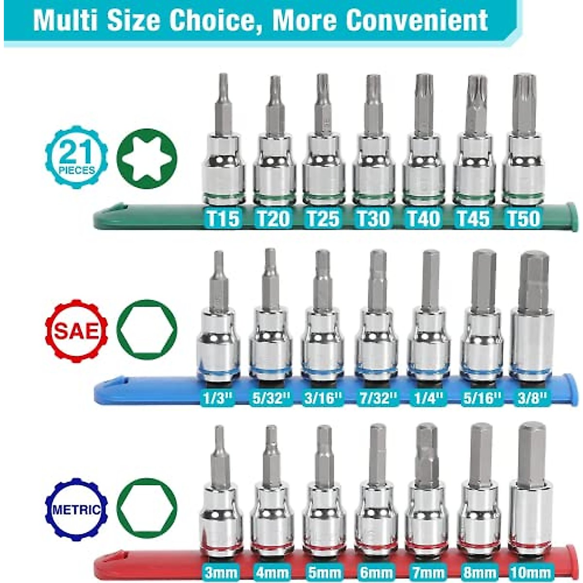 DURATECH Allen Bit Socket Set, 3/8'' Drive Torx, 21-Piece, Premium CR-V Socket and S2 Bits, Metric&SAE