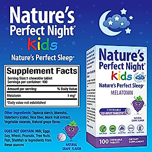 Nature's Perfect Night Kids | Kids Melatonin 1mg | 100 Chewable Tablets | Natural Grape Flavor | Sugar Free | Vegan | Gluten Free | Drug Free | Value Size