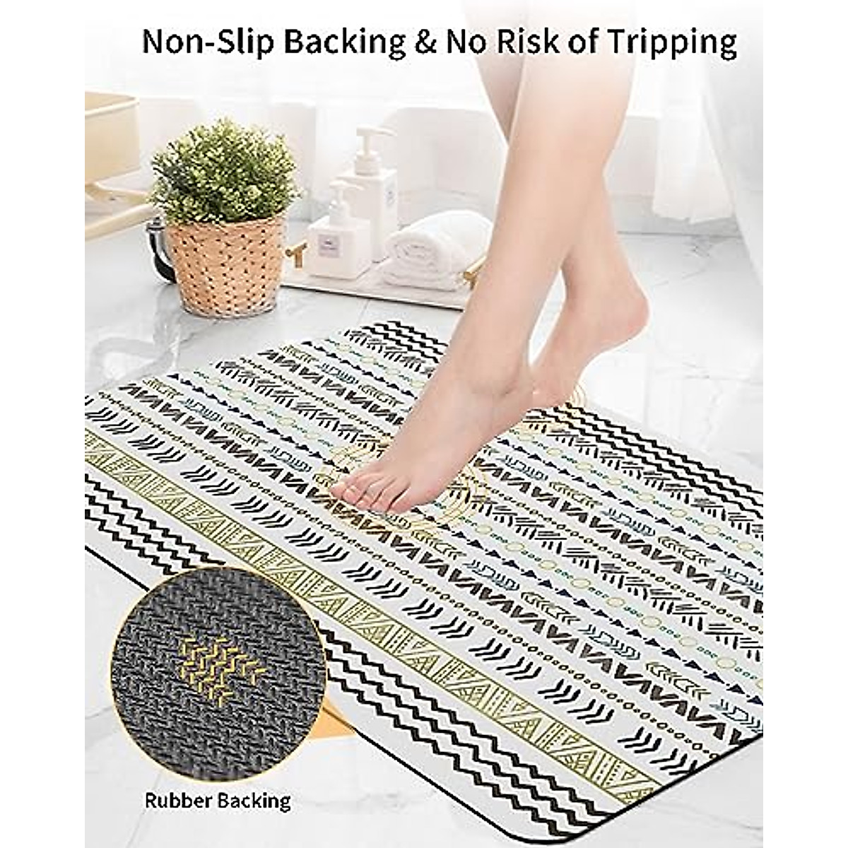 Boho Bath Mat for Tub,Non Slip Bathroom Floor Runner Rug Quick Dry & Absorbent Diatomaceous Earth Kitchen Room Shower Sink Washable Doormat,Black Bohemia Modern Abstract Geometric Stripes 16"x24"