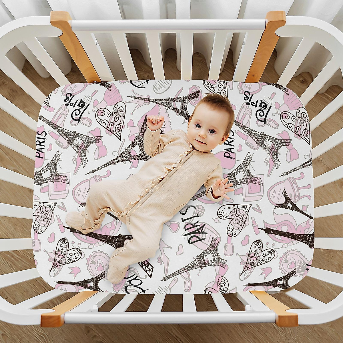 GOODOLD Beautiful Paris Eiffel Tower Crib Sheets for Boys Girls, 39x27 Inch Soft and Breathable Pack n Play Sheets, Portable Mini Stretchy Cribs Sheets