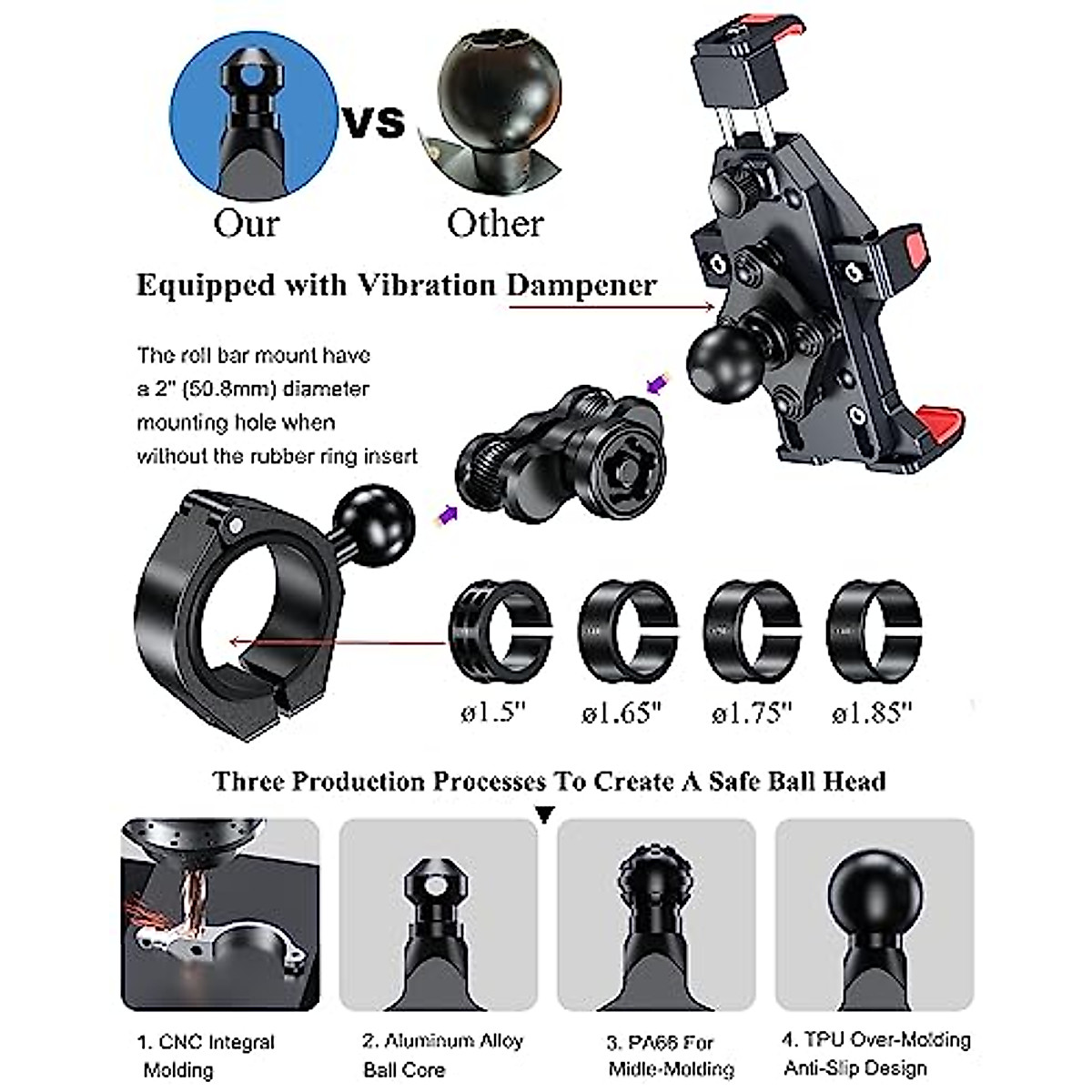 BRCOVAN Aluminum Alloy UTV Phone Holder with Vibration Dampener & High-Speed Secure Lock, Metal Anti-Shake UTV Roll Bar Cellphone Mount Fit Roll Cage 1.5/1.65/1.75/1.85/2 inch, for 4.7''-7.2'' Phones