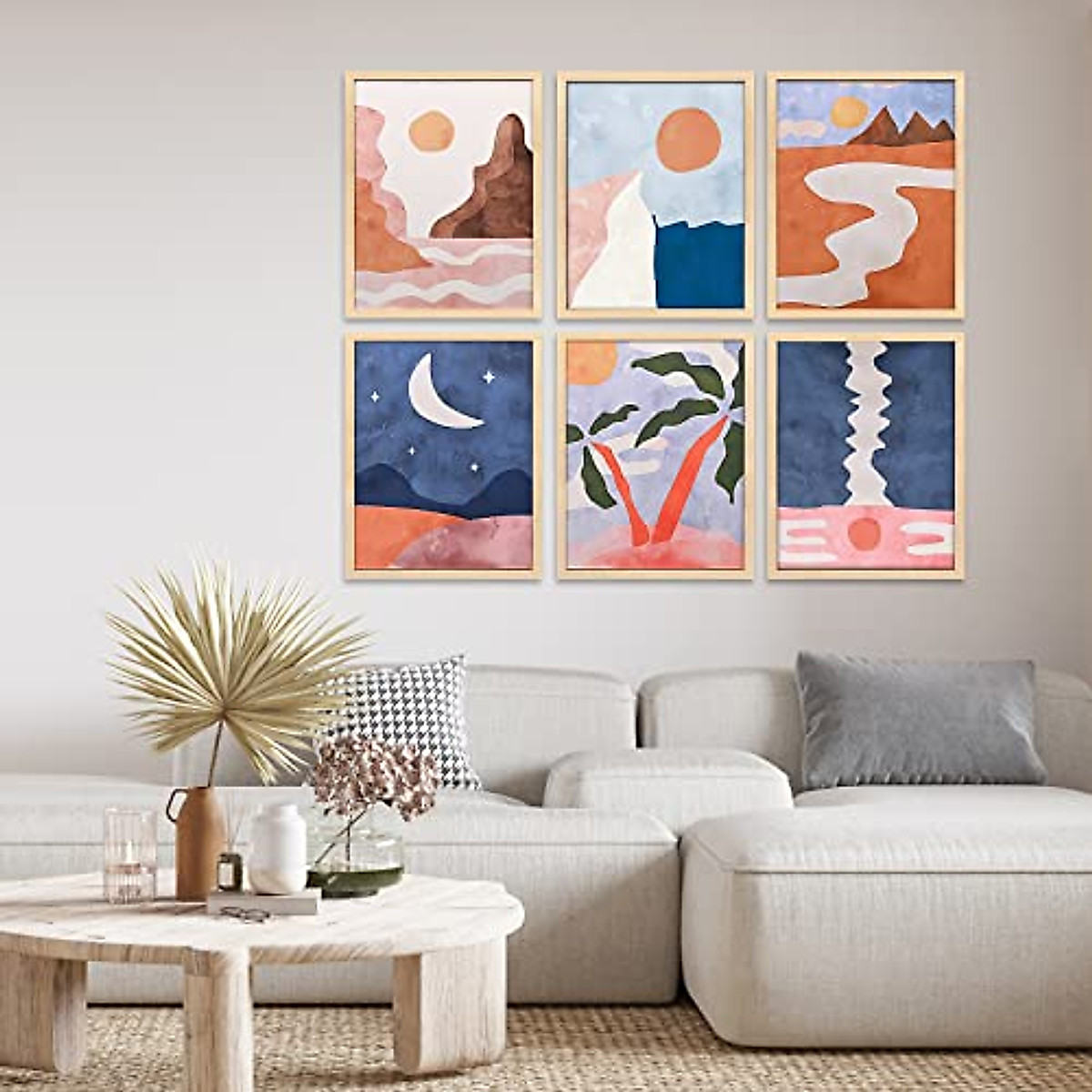 ArtbyHannah 8x10 Boho Framed Wall Art Set of 6 with Mid-Century Bohemian Motifs for Home Gallery Wall Art Decor