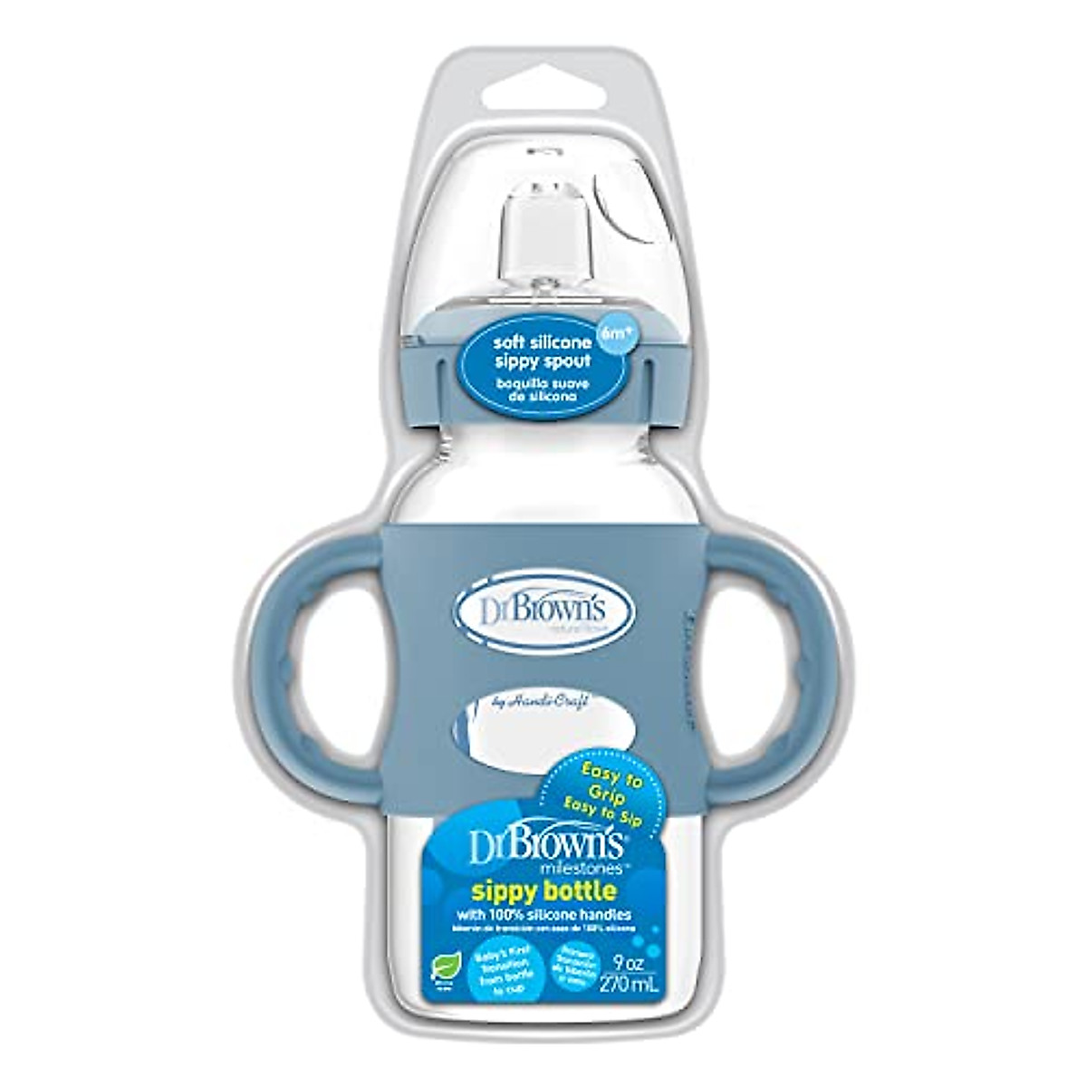 Dr. Brown's Milestones Wide-Neck Sippy Spout Bottle with 100% Silicone Handles, Easy-Grip Handles with Soft Sippy Spout, 9oz/270mL, Light-Blue, 1-Pack, 6m+
