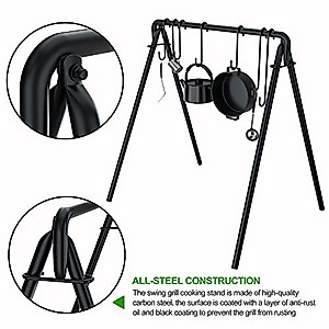 38" Grill Swing Large Campfire Grill Stand w/6 Hooks Cast Iron BBQ Grill Campfire Cooking Stand Cookware Hanging Rack Outdoor Picnic Camping Bonfire Party Barbecue Set for Cookware & Dutch Oven