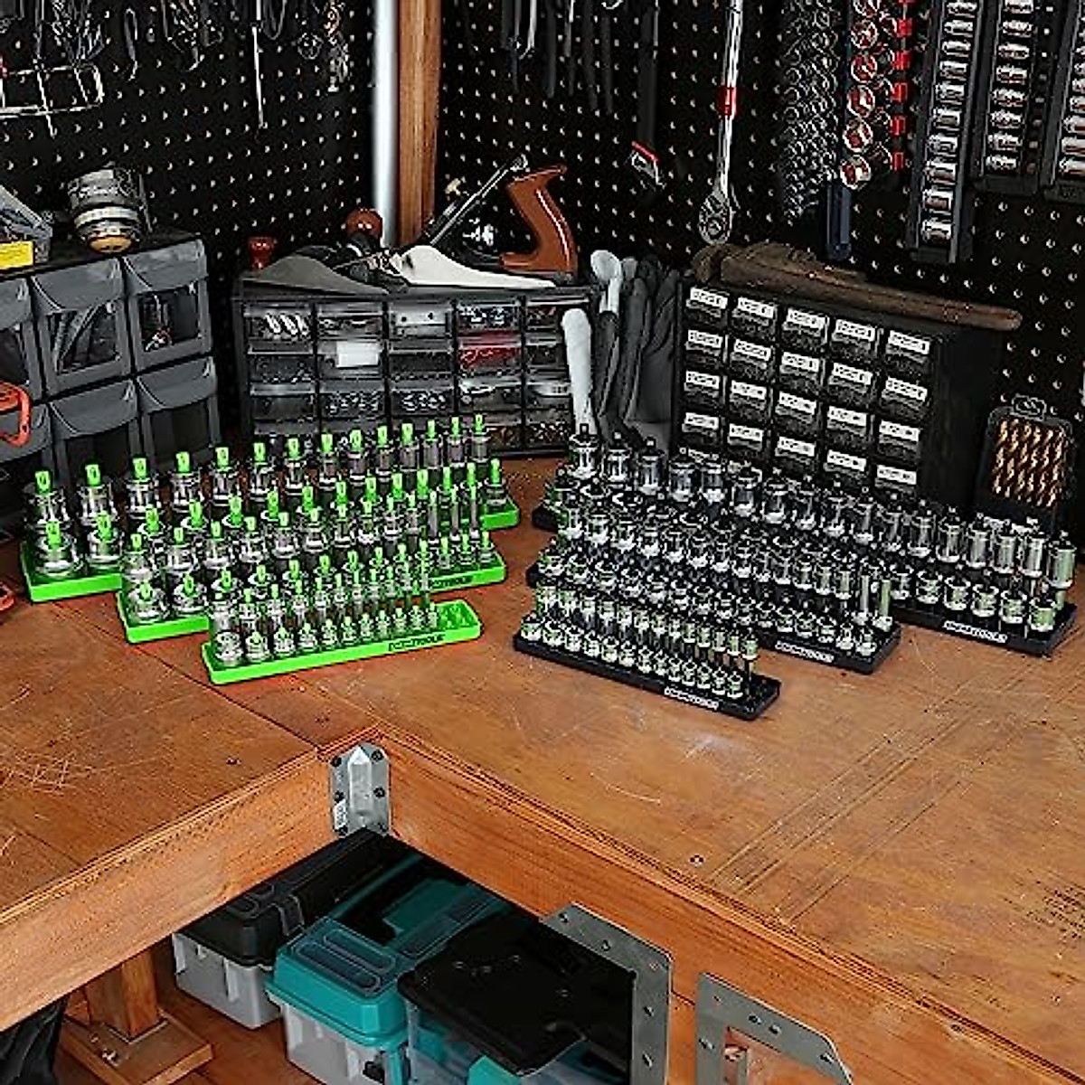 OEMTOOLS 22233 6 Piece SAE and Metric Socket Tray Set, SAE and Metric Socket Storage for Sizes 1/4", 3/8”, and 1/2" Drive, Socket Holders and Socket Organizer Tray for Toolbox, Green and Black