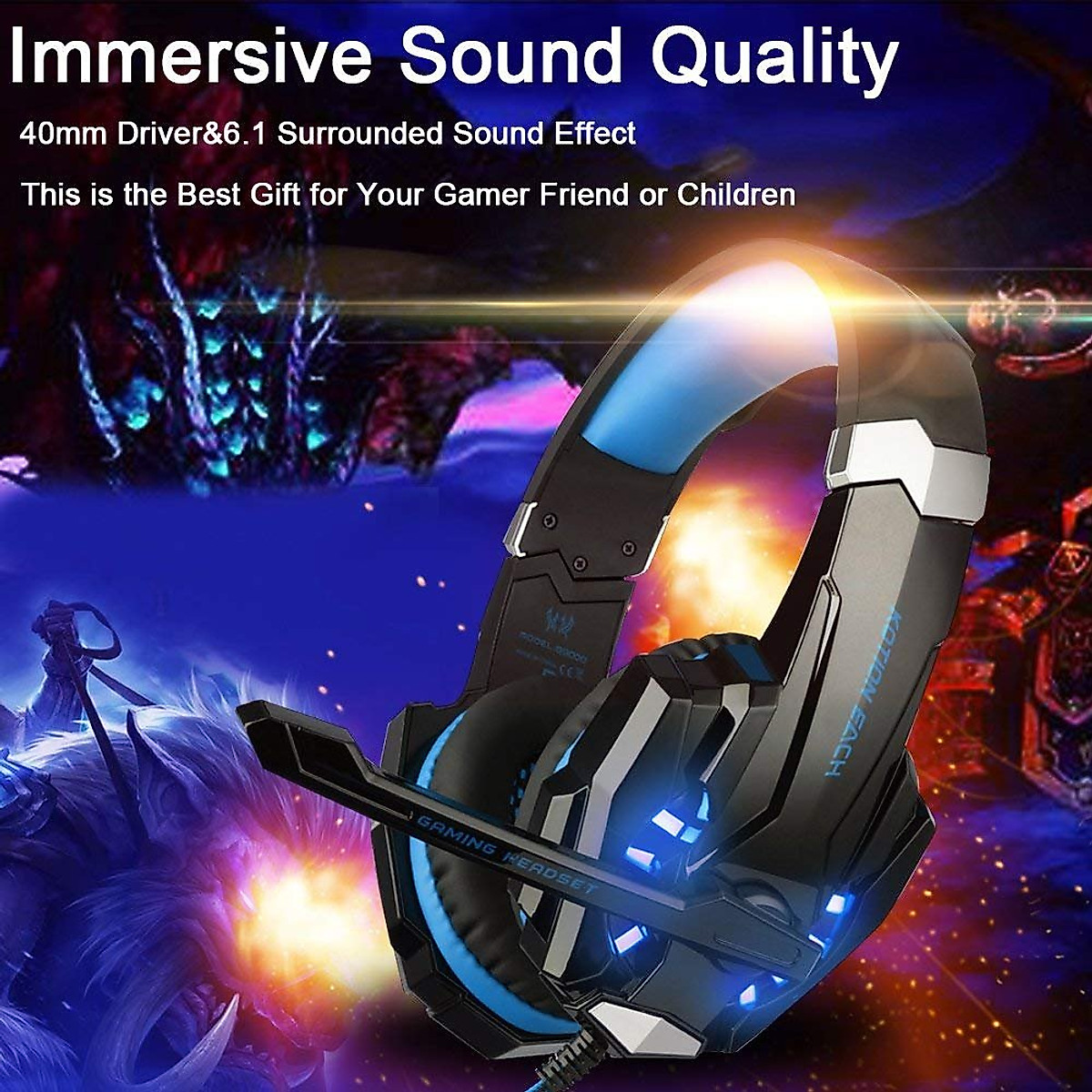BlueFire Stereo Gaming Headset for PS4, PS5, PC, Xbox One, Noise Cancelling Over Ear Headphones with Mic, LED Light, Bass Surround, Soft Memory Earmuffs for Laptop Nintendo Switch Games (Blue)