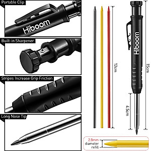 Hiboom Mechanical Carpenter Pencils with 30 Pcs 2.8mm Refills Replacement, Deep Hole Woodworking Maker with Built in Sharpener for Construction Woodworking Drafting Architect