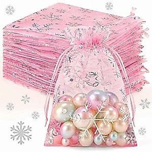 Roowest 100 Pcs Pink Christmas Snowflake Organza Gift Bags 4 x 6 Inch Small Mesh Jewelry Pouches Mini Drawstring Candy Bags Goody Bag Organza Favor Bags for Christmas, Winter Party, Jewelry, Festival