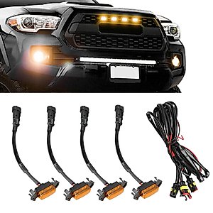 CHRYMUM 4PCS LED Grill Lights, LED Amber Grill Light, Front Grille Bumper Raptor Lamps Car Accessories with Harness, Compatible with 2016-2019 Toyota Tacoma TRD PRO Front Grill