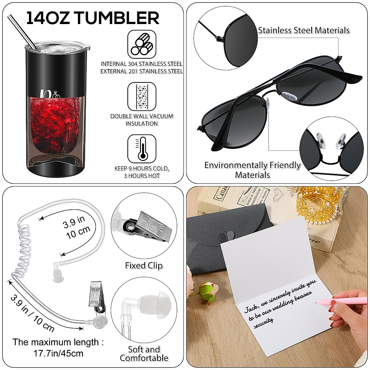 15 Pcs Flower Girl Ring Bearer Gifts Set Include Tumbler with Straw Glasses Canvas Bag Hair Ring Diamond Pen Proposal Card Envelope Acoustic Earpiece Tube Gift Box for Wedding Bride Shower Party