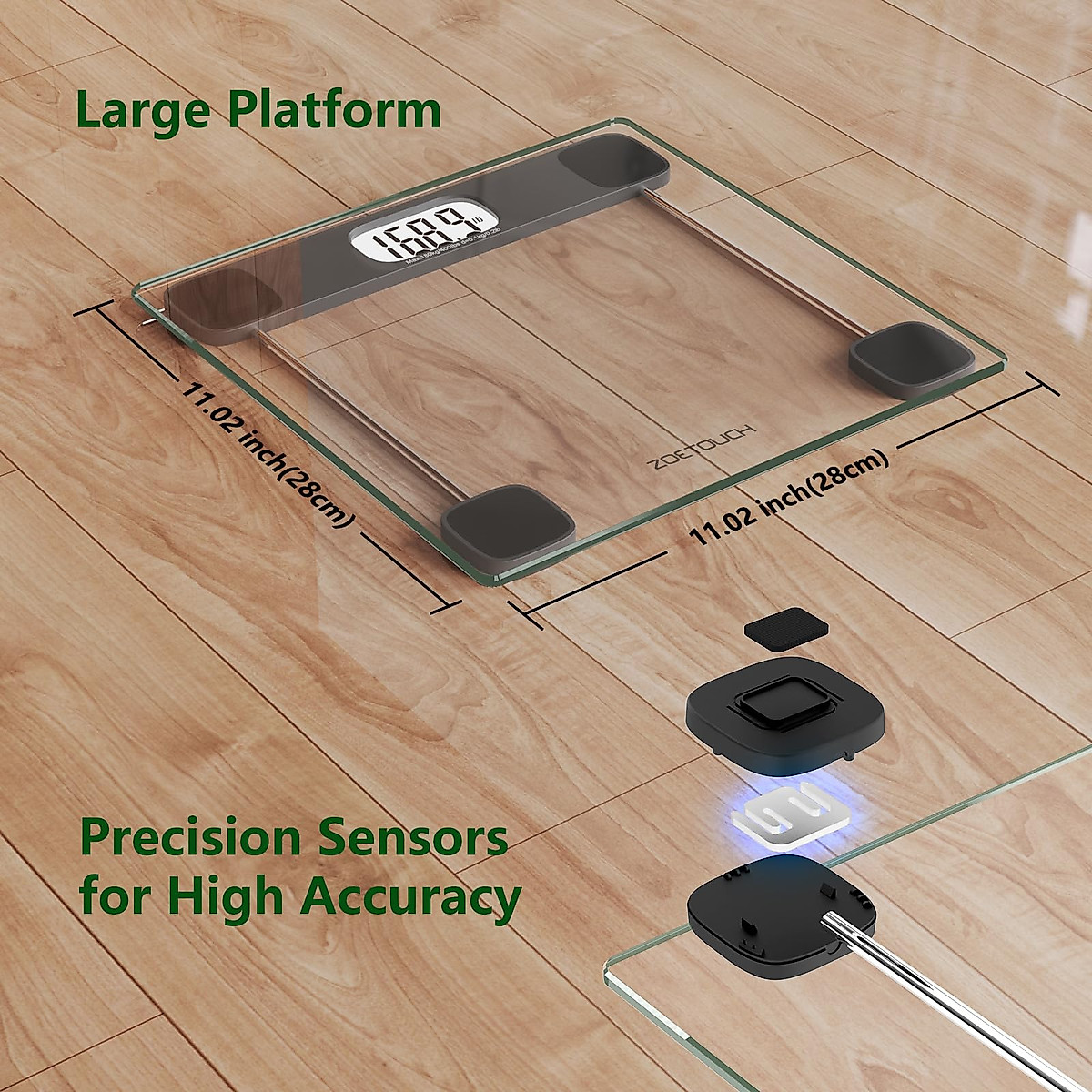 ZOETOUCH Scale for Body Weight Digital Bathroom Scale Weighing Scale Bath Scale, LCD Display Batteries and Tape Measure Included, 400lbs