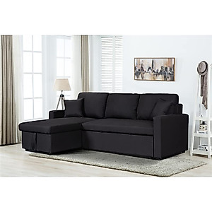 Pemberly Row Black Fabric Reversible Sleeper Sectional Sofa w/Storage Chaise