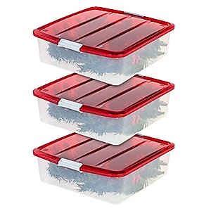 IRIS USA 33 Qt. Holiday Wreath Storage Container Box with Lid, 3-pack, Stackable Under Bed Storage Organizer Bin with Latching Buckles for 20" Wreaths Festive Holiday Decorations Garlands, Clear/Red