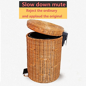 Round wicker dustbin with cover,hand woven foot type Trash Can,with Removable Inner Bucketseparated dustbin in office and living room, waste paper basket, slow-drop dustbin in kitchen and toilet