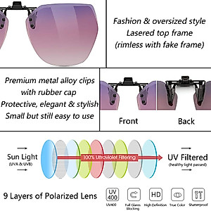 CAXMAN Polarized Clip On Sunglasses for Women Over Prescription Glasses 100% UV Protection Flip Up Transition Purple Mirrored Lenses