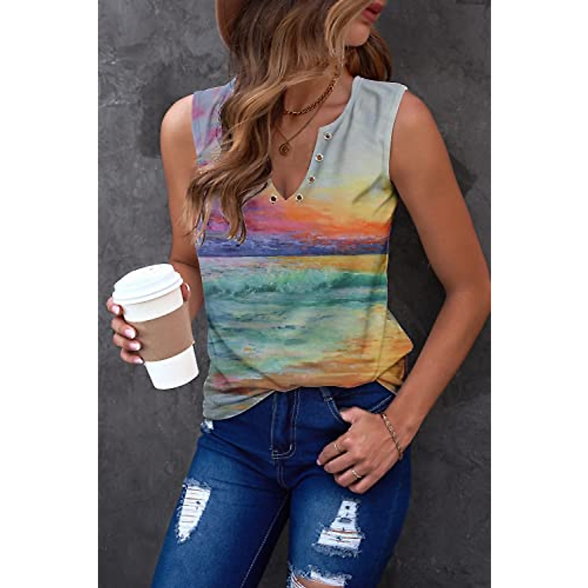 Tank Top for Women Sexy V Neck Casual Basic Tops Tie Dye Sleeveless Shirts with Ring Hole Country Music Style T-Shirts Multicolor