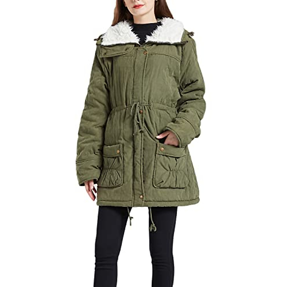 MEWOW Women's Winter Mid Length Thick Warm Faux Lamb Wool Lined Jacket Coat (M, ArmyGreen)
