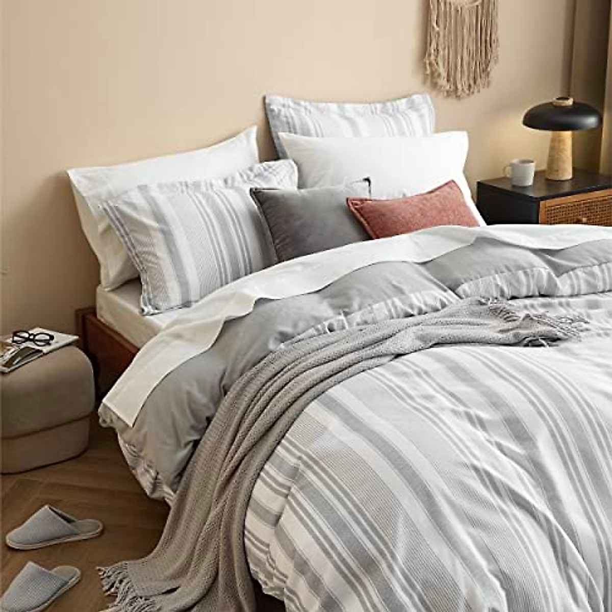 Bedsure Duvet Cover Queen Size - Reversible Striped Duvet Cover Set with Zipper Closure, Grey Bedding Set, 3 Pieces, 1 Duvet Cover 90"x90" with 8 Corner Ties and 2 Pillow Shams 20"x26"