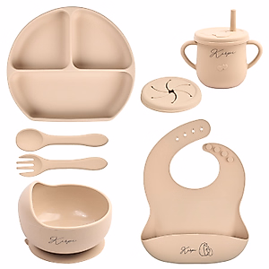 Baby Led Weaning Supplies - Kirpi Baby Feeding Set - Silicone Suction Bowls, Divided Plates, Sippy and Snack Cup - Toddler Self Feeding Eating Utensils Set with Bibs, Spoons, Fork - 6 Months (Beige)
