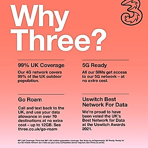 Three UK New PrePaid Europe UK Three SIM Card 25GB Data Un Minutes/Texts for 30 Days with Free Roaming/USE in 71 Destinations Including Europe, South America and