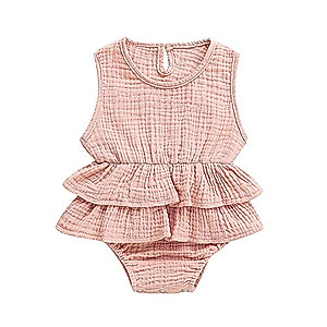 Yoawdats Newborn Baby Girl Romper Cotton Linen Bodysuits Ruffle Sleeve Summer Jumpsuit Outfits Clothes (0-6 Months, Y Pink)