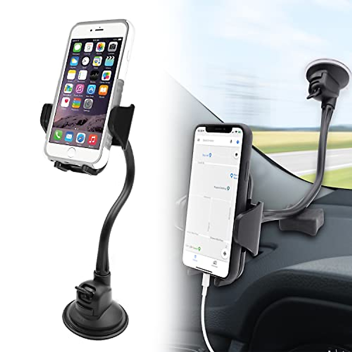 Macally Windshield Phone Mount for Car, Super Strong Suction Cup Phone Holder for Truck - Universal Gooseneck Window Phone Mount for Car, Compatible with iPhone, Samsung, Cell Phone, Android, Mobile