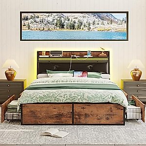 IRONCK Queen Size Bed Frame with 4 Drawers, Storage Headboard with Charging Station, RGB Lights, No Box Spring Needed, Noise Free, Easy Assembly