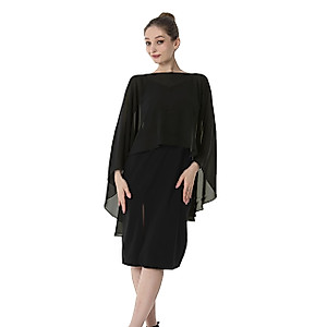 Baoqiya Chiffon Capes Sheer Capelets Bridal Shawls And Wraps Cape Long Plus Size Poncho Cape For Women (Black)