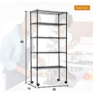 Heavy Duty 5-Tier Shelving Unit Commercial Grade Adjustable 900Lbs Capacity Steel Storage Rack 30L x 14D x 60H Mobile Shelves Wire Shelf Silver Rolling Utility Cart for Pantry Garage Kitchen- Black