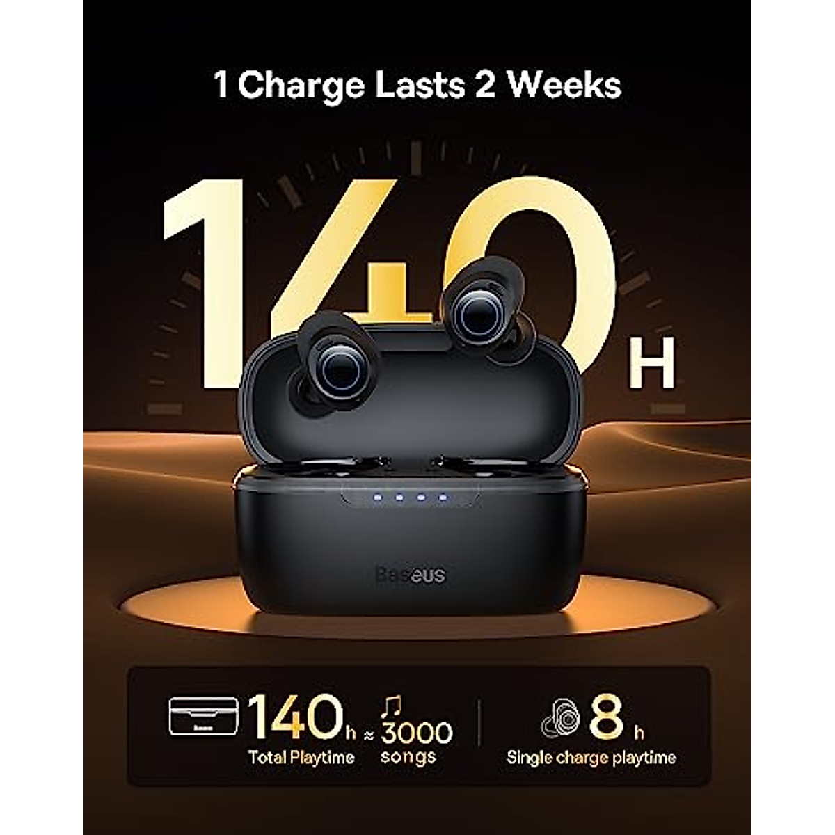 Baseus Wireless Earbuds, 140H Playback -48dB Active Noise Cancelling Bluetooth 5.3 Earbuds with IPX6 Waterproof 4 ENC Mics 0.038s Low Latency Fast Charge Ear Buds for Android iOS(Bowie MA10)