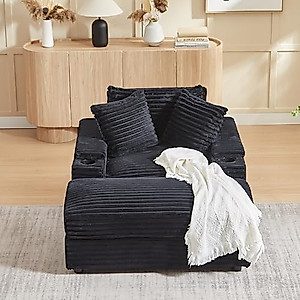 Verfur Oversized Chaise Lounges Indoor - 43.3" Deep Seat Sectional Sofa Corner Couch with Movable Ottoman, Storage Armrest & Cupholders- Plush Corduroy Upholstered Lounge Chair for Living Room Office