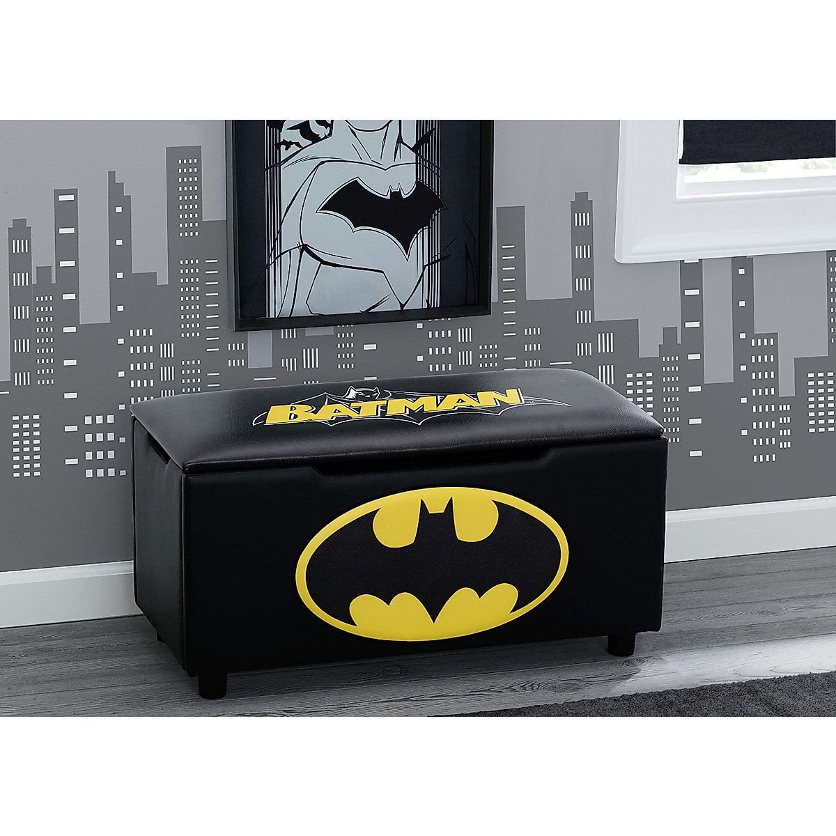 Delta Children DC Comics Batman Upholstered Storage Bench for Kids | Perfect for Bedrooms/Playrooms/Living Rooms | Features Fun Graphics of Batman