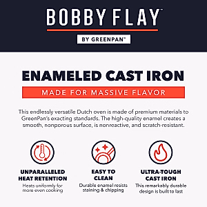 GreenPan x Bobby Flay 5.5QT Enameled Cast Iron Round Dutch Oven with Lid, Dual Handles, Oven Safe to 500F & Induction Suitable, Self Basting Lid, Ultra-Durable, Sear, Braising, Bread, Stews, Cobalt