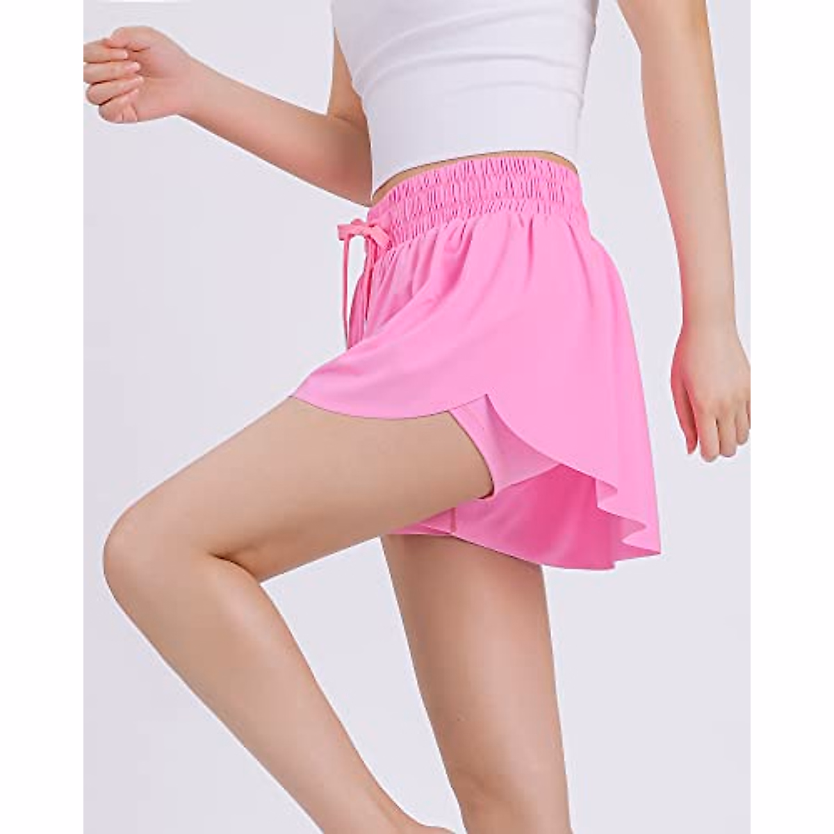 JOCMIC Girls Flowy Shorts, 2 in 1 Preppy Butterfly Shorts with Spandex Liner for Cheer Athletic Gym Kids Casual Clothes Rose Red 12 Years