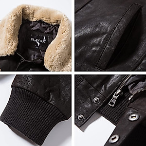 FLAVOR Men's Real Leather Bomber Jacket with Removable Fur Collar Aviator (X-Large, Dark Brown, x_l)