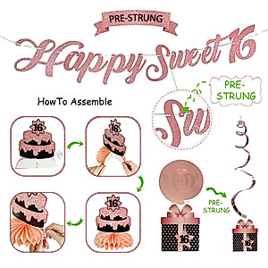 HTDZZI Sweet 16 Birthday Letter Banner Hanging Swirls Honeycomb Centerpieces Decorations Kit, Happy 16th Birthday Decorations for Girls, Rose Gold Sweet Sixteen Birthday Party Backdrop Decor Supplies