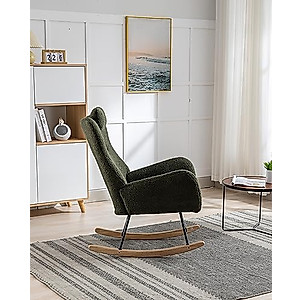 Rocking Chair for Baby Nursery, Comfy Small Rocker with Neck Rest and Pocket, Modern Upholstered Accent High Back Armchair for Living Room, Bedroom, and Office (Dark Green)