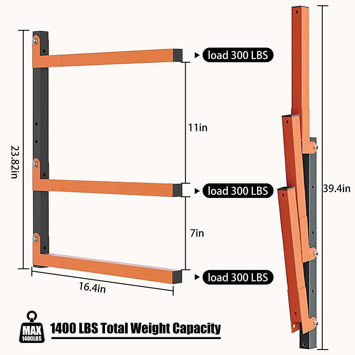 Caliee Wood Organizer Rack and Lumber Storage Rack Wall Mount with 3-Level Holds Up 1400 LBS,Garage Organization and Wall Storage,4 Pieces