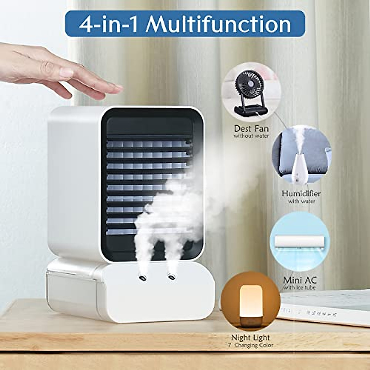 Mini Air Conditioner - Portable Air Conditioner Fan Small AC Unit Personal Desktop Air Cooler Fan - 3 Wind Speeds 7-Color NightLight & Humidify for Dorm Room Office