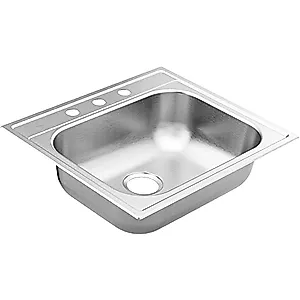 Moen GS201963BQ 2000 Series 25-inch 20 Gauge Drop-in Single Bowl Stainless Steel Kitchen Sink, 3 Hole, Featuring QuickMount