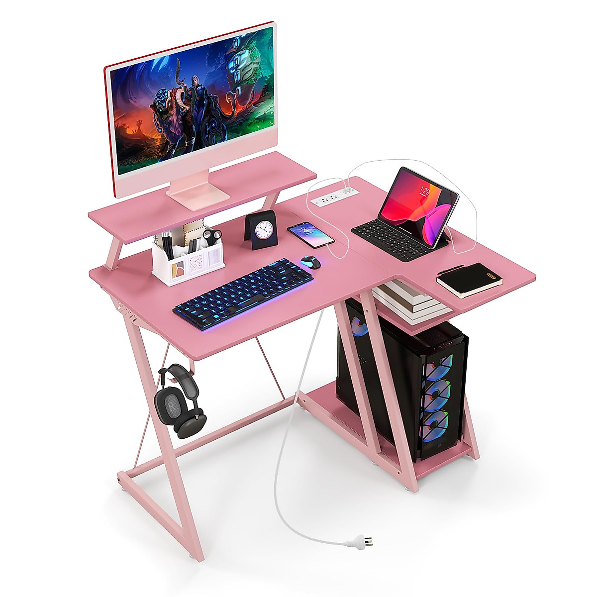Giantex L Shaped Gaming Desk with Outlets & USB Ports, Small Computer Desk with Monitor Shelf, Headphone Hook, Storage Shelf & Host Stand, Modern Corner Gamer Workstation for Home Office (Pink)