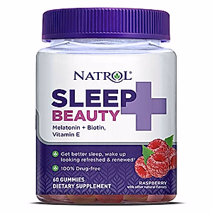 Natrol Sleep+ Beauty, Drug Free Sleep Aid Supplement, for Skin, Hair, Nails, Biotin, Vitamin E, 60 Raspberry Flavored Gummies