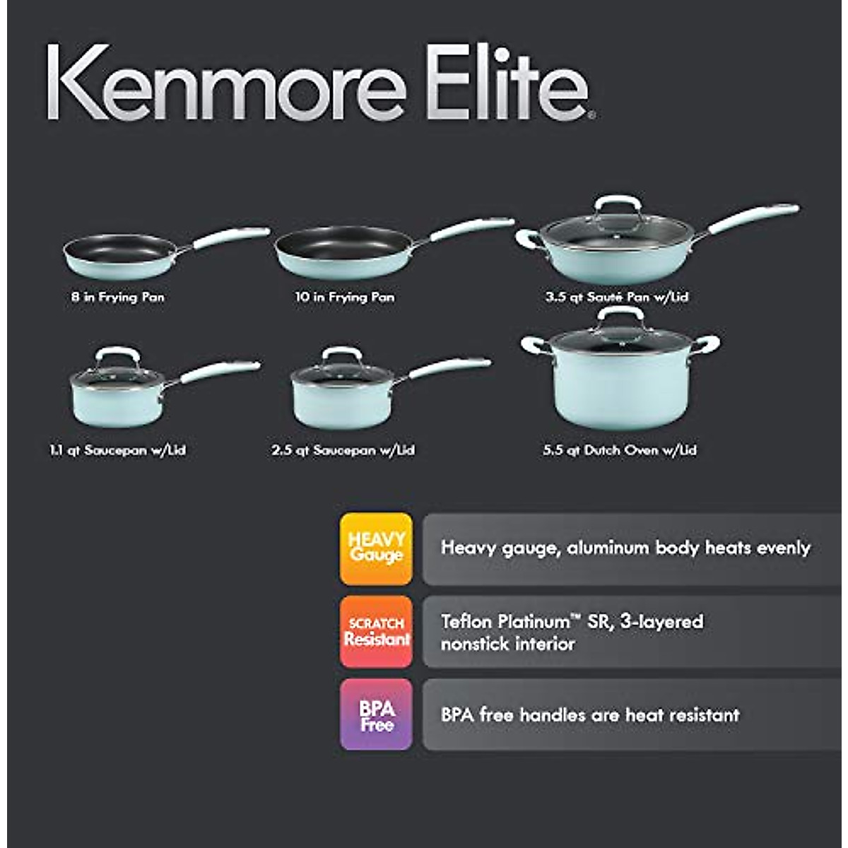 Kenmore Elite Andover Nonstick Platinum Forged Aluminum Cookware Set, 10-Piece, Glacier Blue