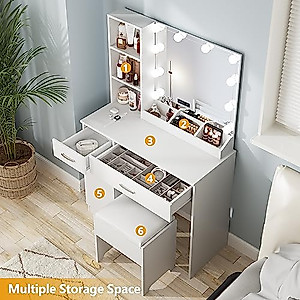 Fameill White Vanity Desk with Mirror and Lights,Makeup Vanity with 2 Drawers Lots Storage,Vanity Table with Lighted Mirror,3 Lighting Colors, Brightness Adjustable,35in(L)