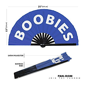 Boobies hand fan foldable bamboo circuit hand fan funny gag slang words expressions statement gifts Festival accessories Rave handheld Circuit event fan Clack fans (Blue)